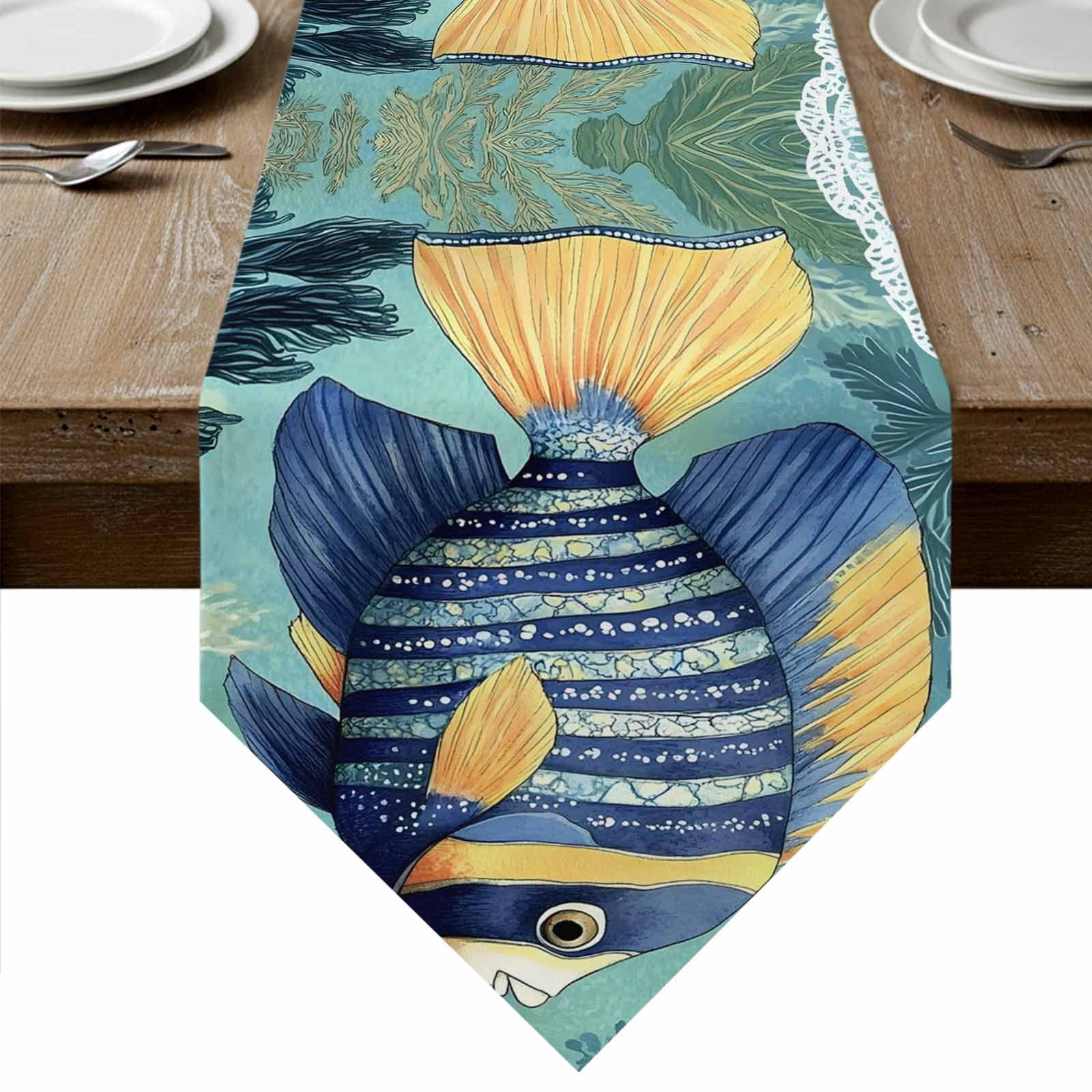 Coastal Ocean Table Runner Linen Burlap Table Runner 70 Inches Long ...