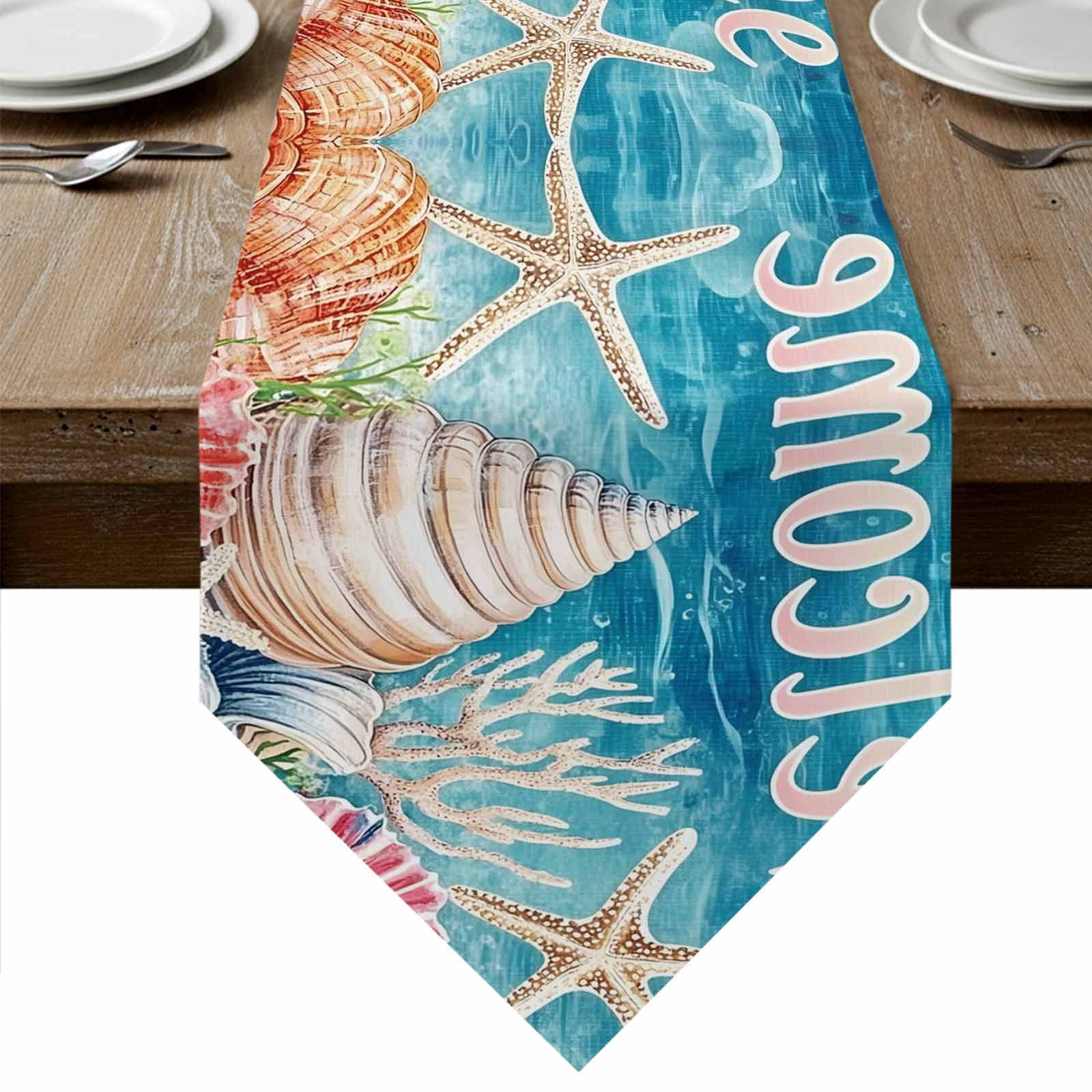 Coastal Ocean Table Runner Linen Burlap Table Runner 70 Inches Long ...