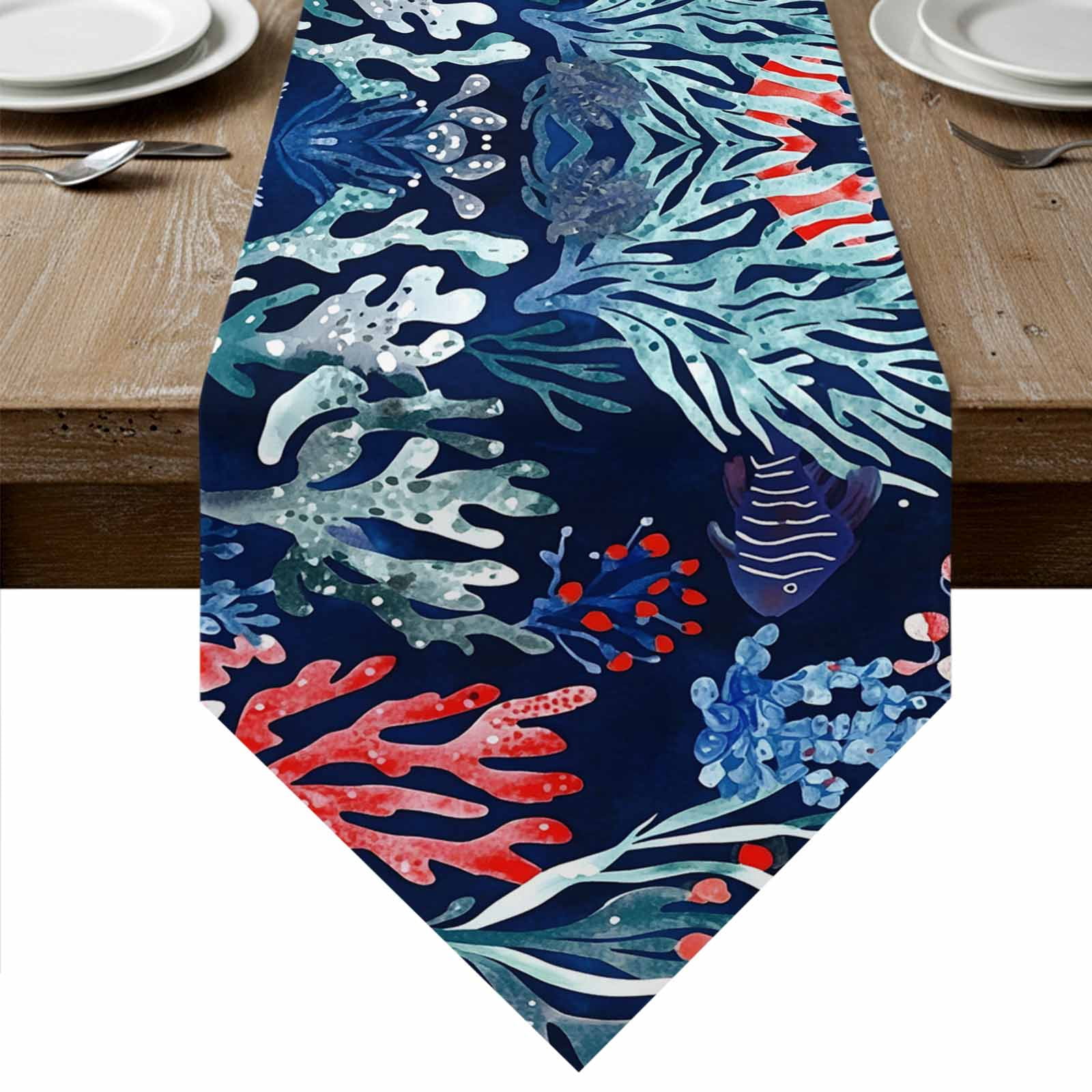 Coastal Ocean Table Runner Linen Burlap Table Runner 90 Inches Long ...