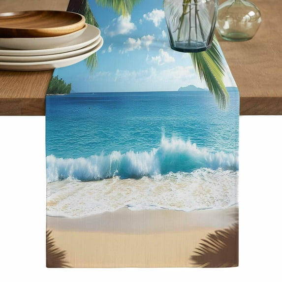 Coastal Ocean Table Runner, Sandy Beach Coconut Tree Blue Sky Scenery ...