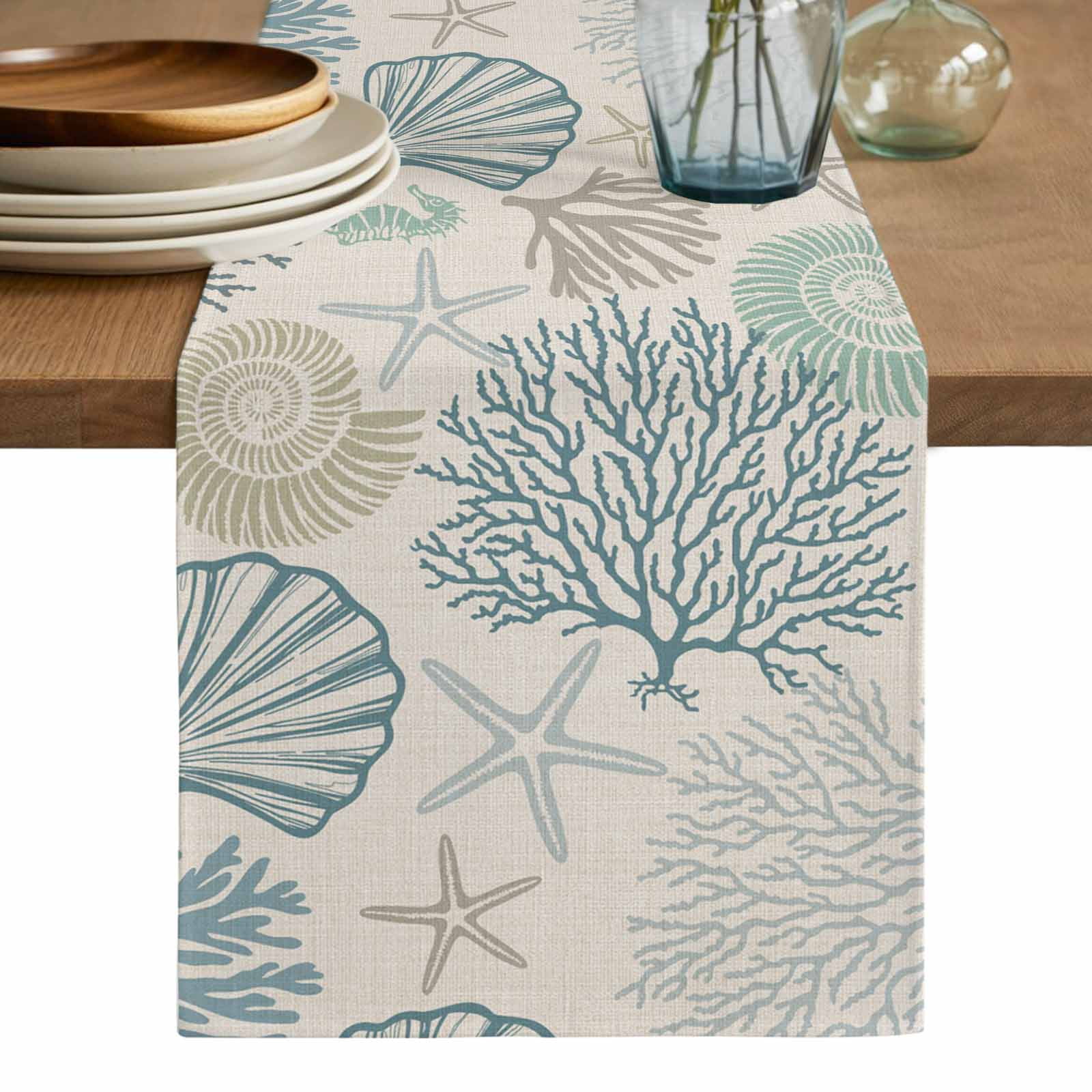 Coastal Ocean Table Runner, Vintage Coral Starfish Shell Seahorse ...