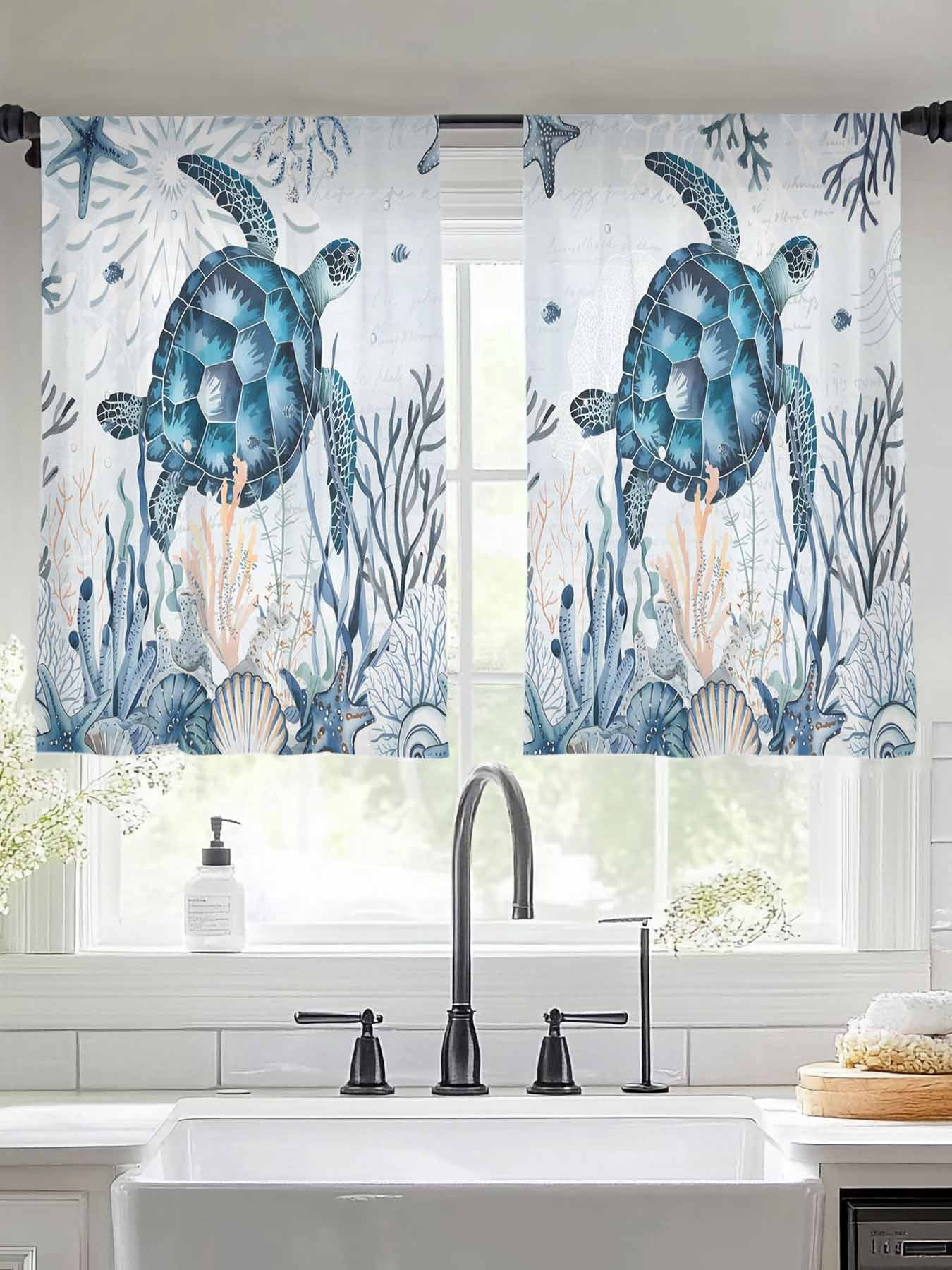 Coastal Ocean Turtle Coral Shell Chiffon Sheer Curtains 45 Inches Long ...
