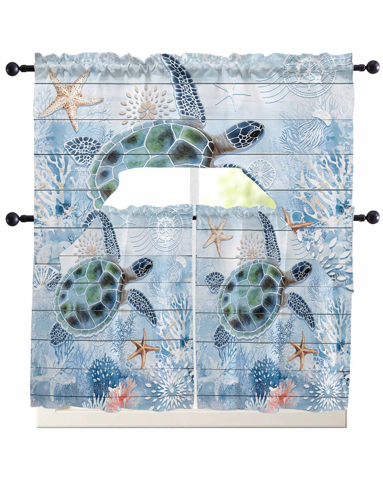 Coastal Ocean Turtle Kitchen Curtains Sets 24 Inch Length with Valance ...