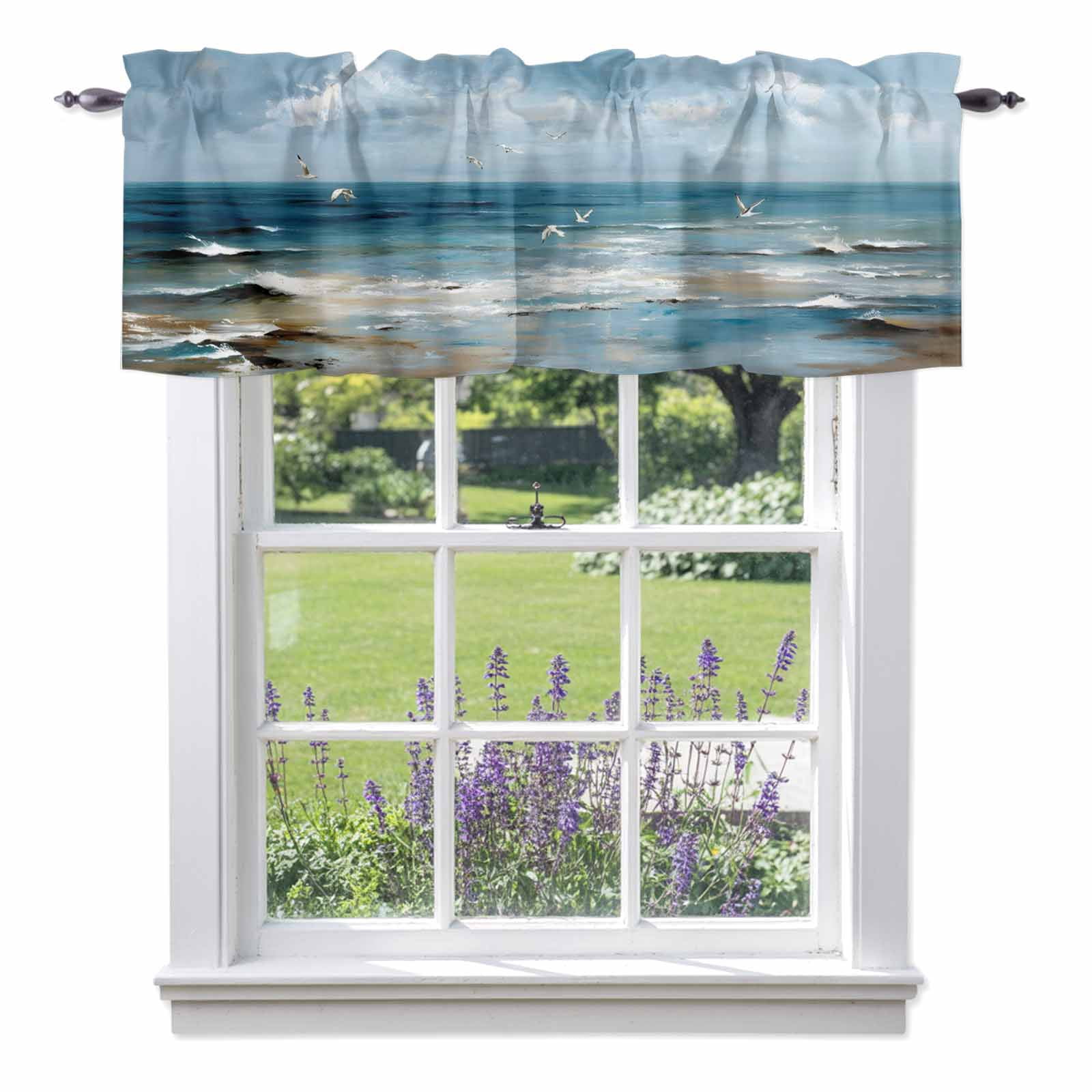 Coastal Ocean Valance Curtain Summer Beach Seagull Oil Painting Window ...