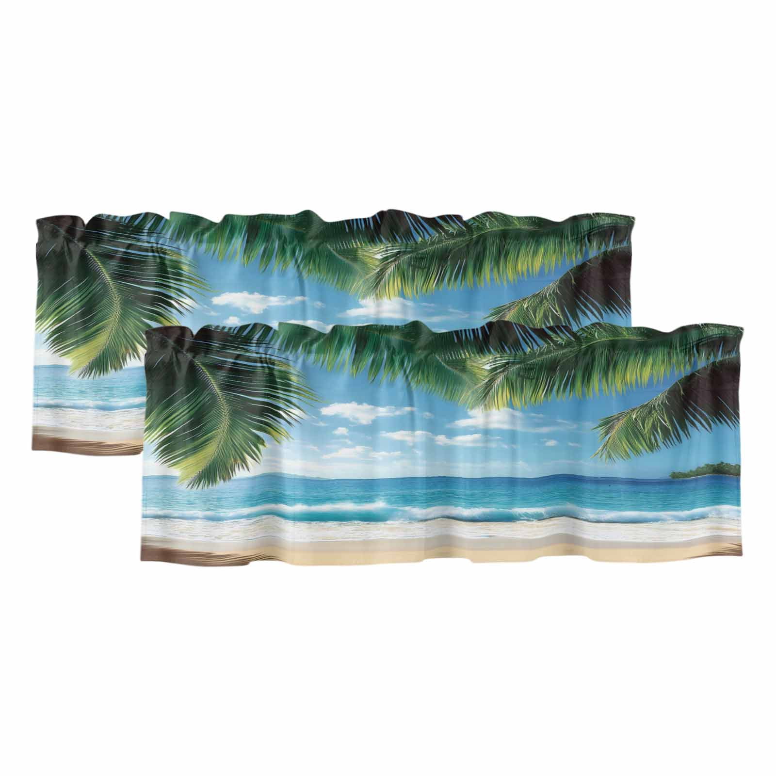 Coastal Ocean Valances for Windows, Sandy Beach Coconut Tree Blue Sky ...