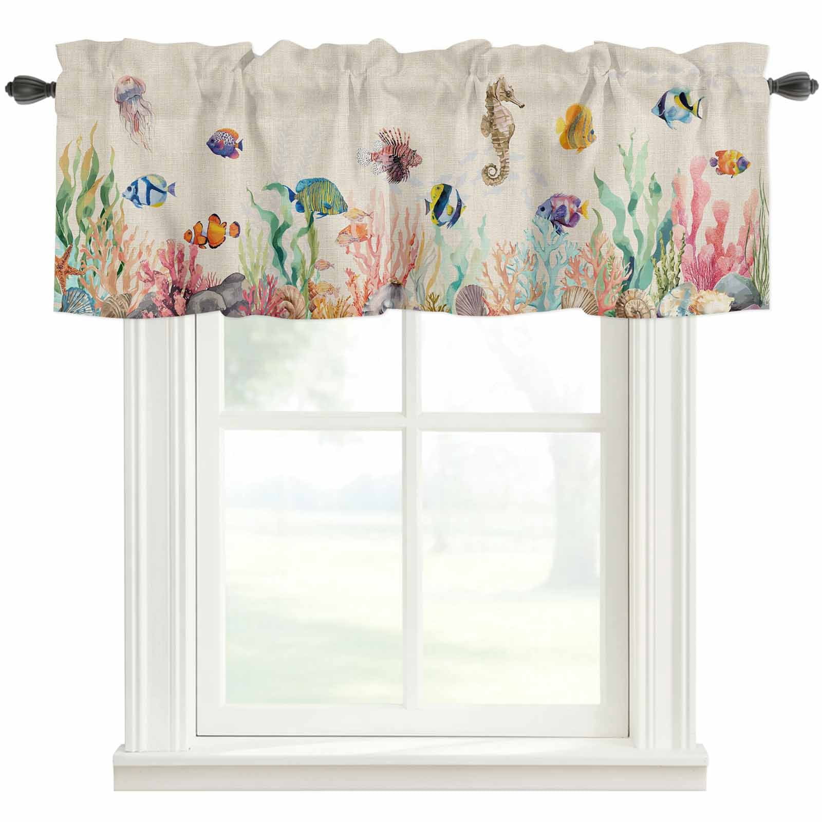 Coastal Ocean Valances for Windows Seahorse Coral Seaweed Seashell Fish ...
