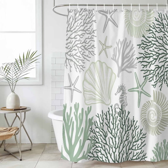 Coastal Ocean Waterproof Fabric Shower Curtain,Sage Green Grey Coral ...