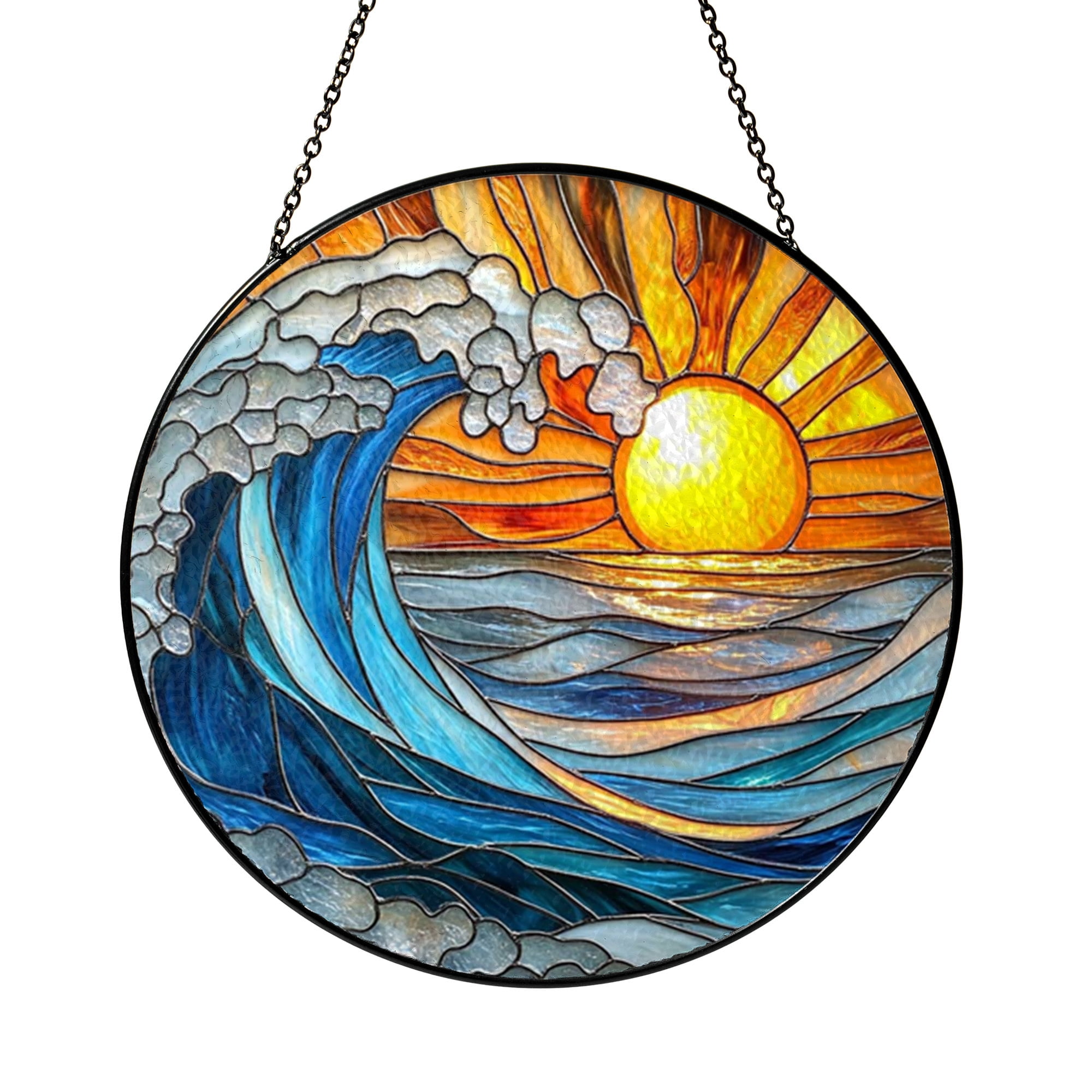 Coastal Ocean Wave Stained Glass Style Suncatcher Window Hanging Decor ...