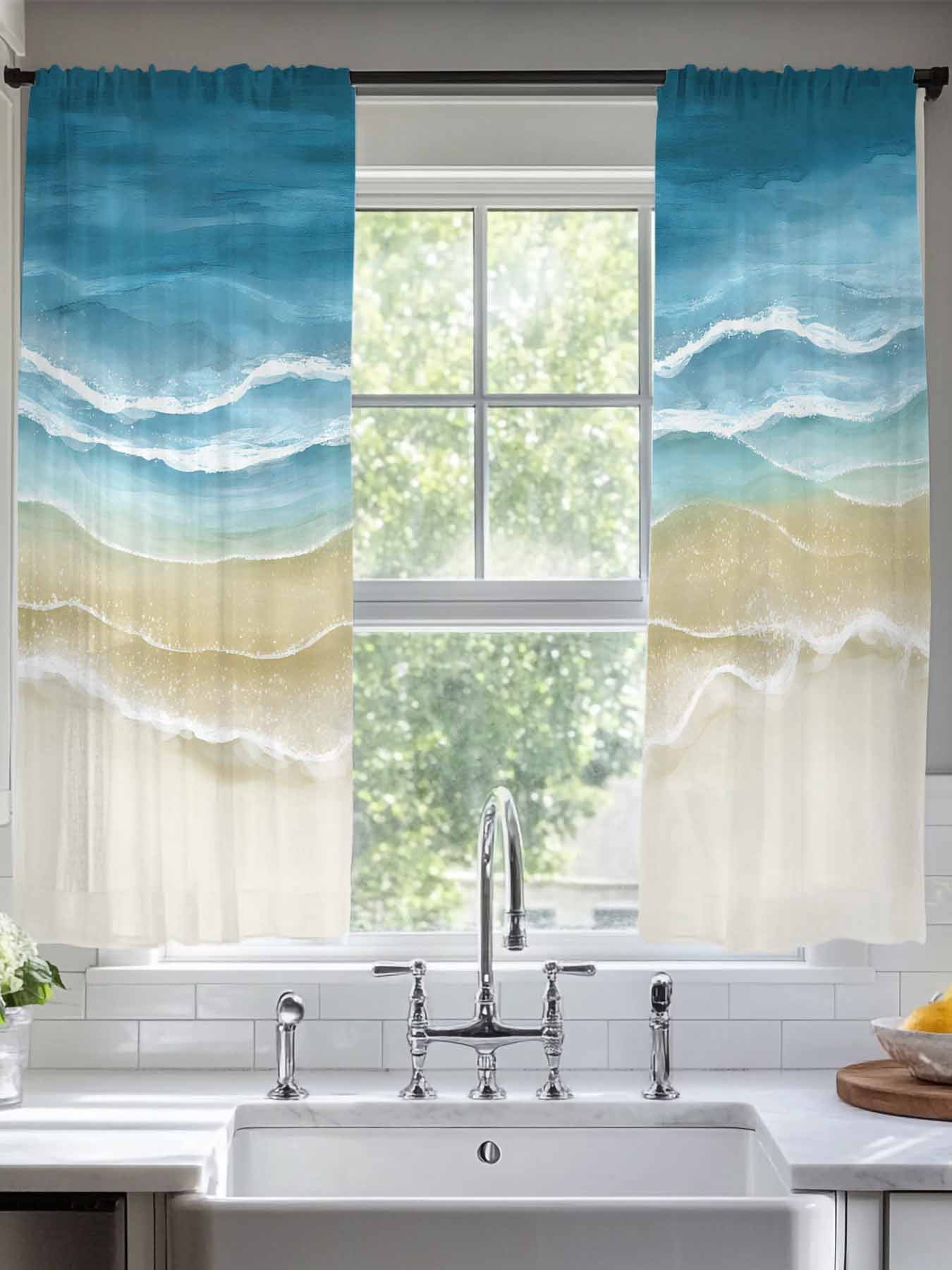 Coastal Ocean Wave Water Ripple Sheer Curtains 2 Panels Set Blue Brown ...