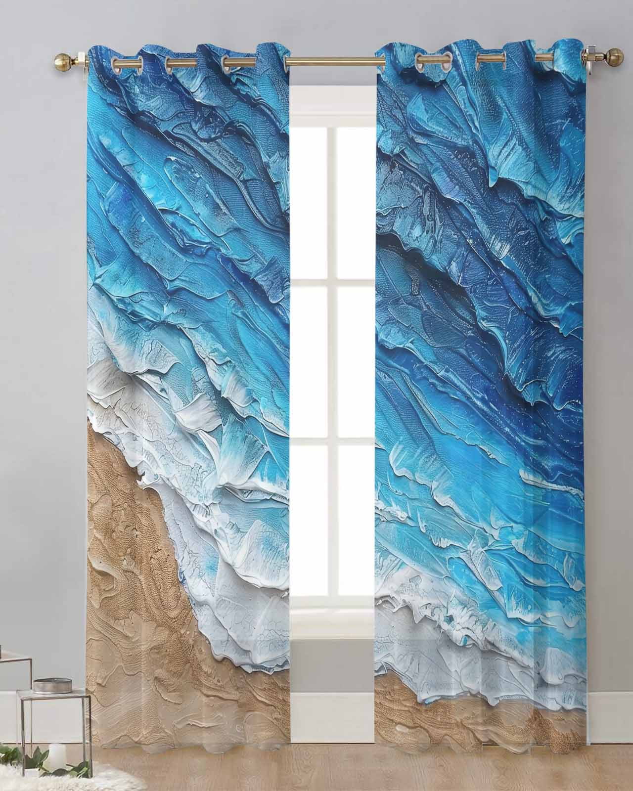 Coastal Ocean Waves Beach Blue Wave Gradient Modern Tulle Curtains ...