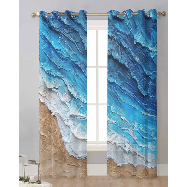Coastal Ocean Waves Beach Blue Wave Gradient Modern Tulle Curtains ...