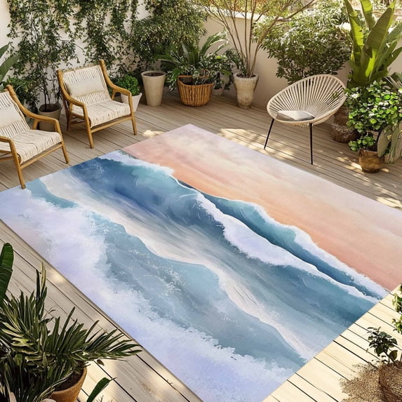Coastal Ocean Waves Outdoor Rug, Abstract Summer Beach Sunset Gradient ...