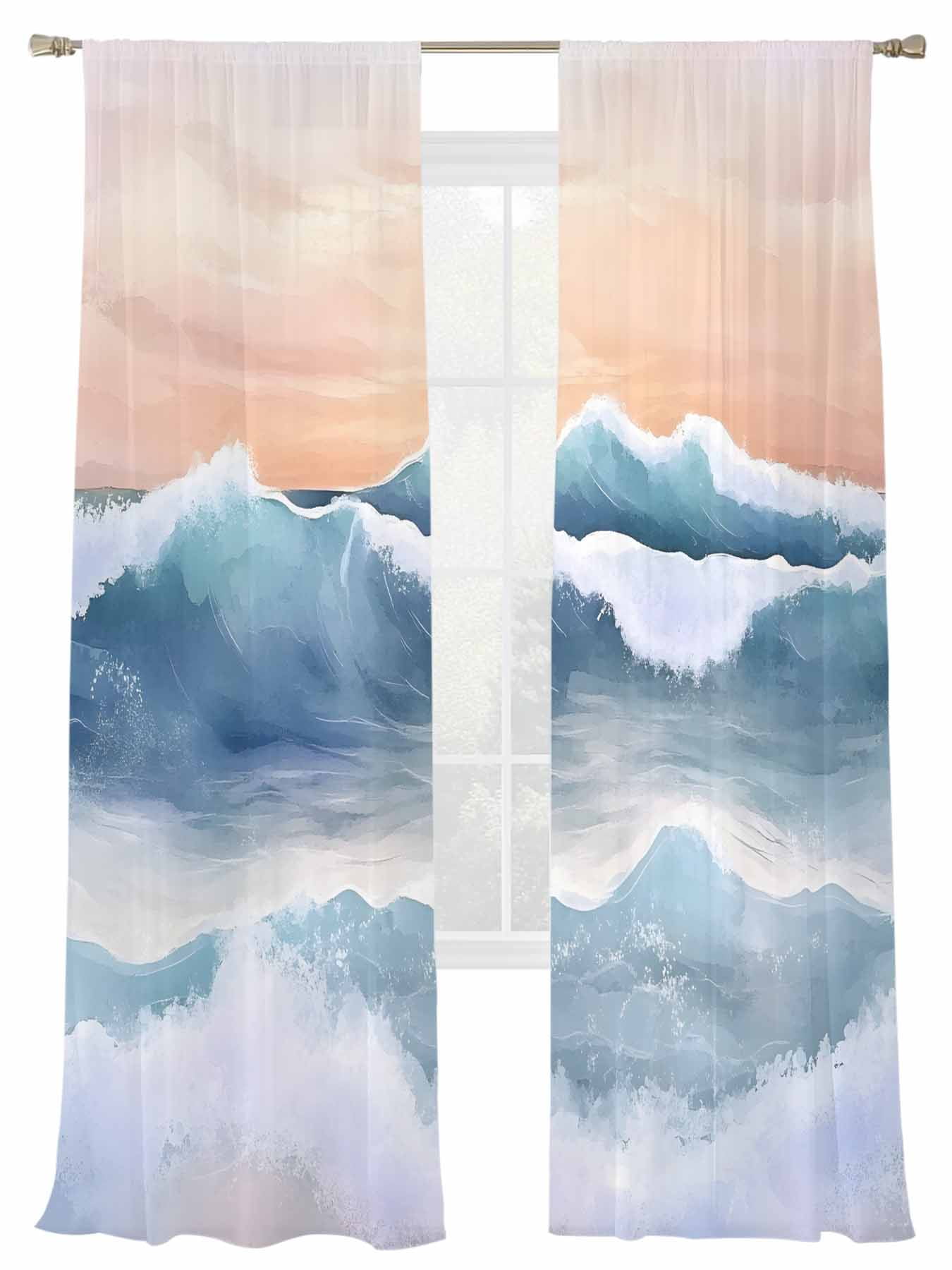 Coastal Ocean Waves Sheer Curtains 2 Panels Set Abstract Summer Beach ...