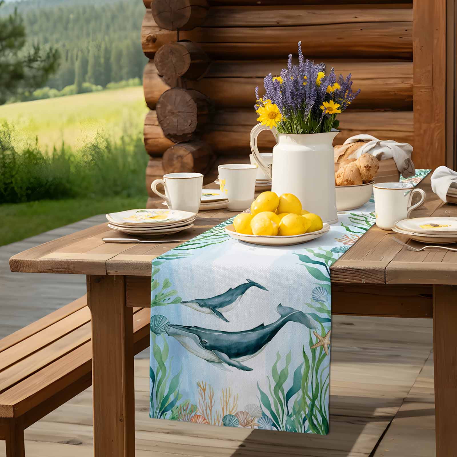 Coastal Ocean Whale Fish Table Runner 13x90in Non-Slip Cotton Linen ...