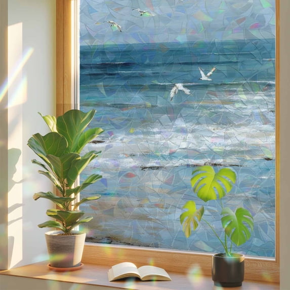 Coastal Ocean Window Privacy Film, Summer Beach Seagull Oil Painting ...