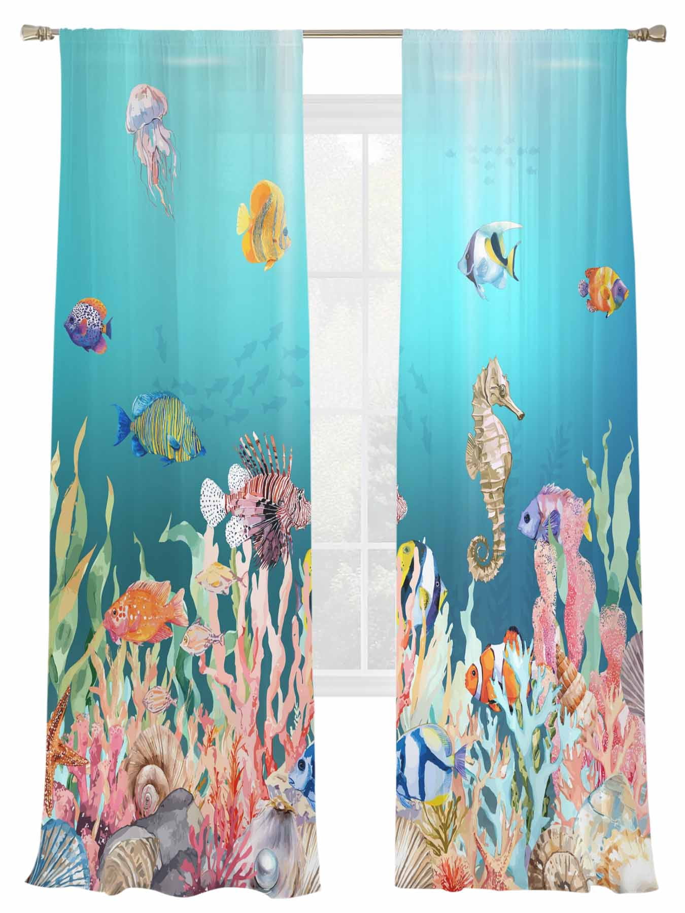 Coastal Ocean Window Sheer Curtain Seahorse Coral Seaweed Seashell Fish ...