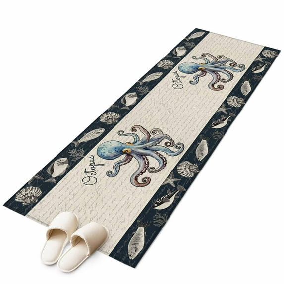 Coastal Octopus 2'x6' Runner Rug, Nautical Ocean Beach Fish Starfish ...