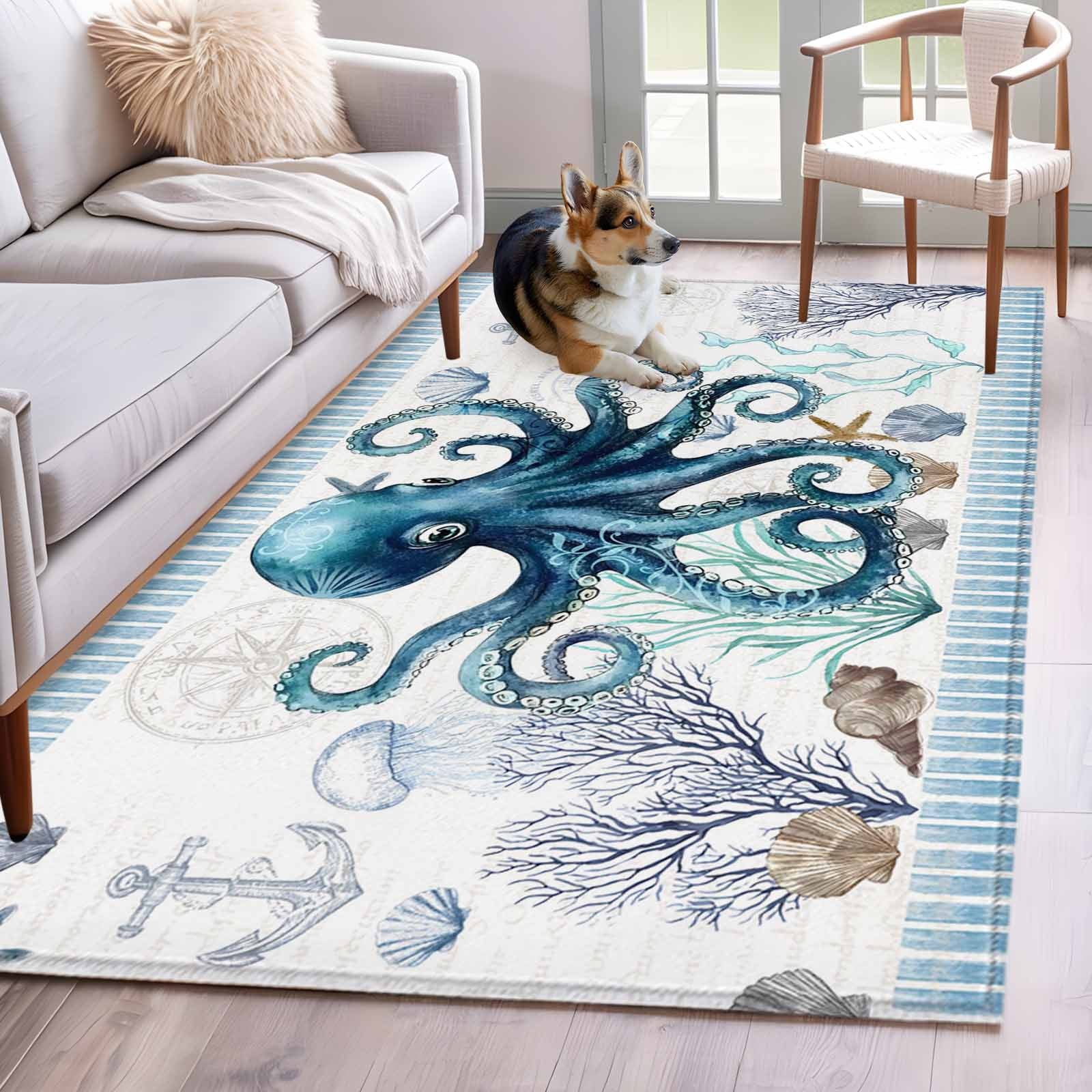 Coastal Octopus Area Rug 4x6 Washable Rug Non Slip Nautical Starfish ...