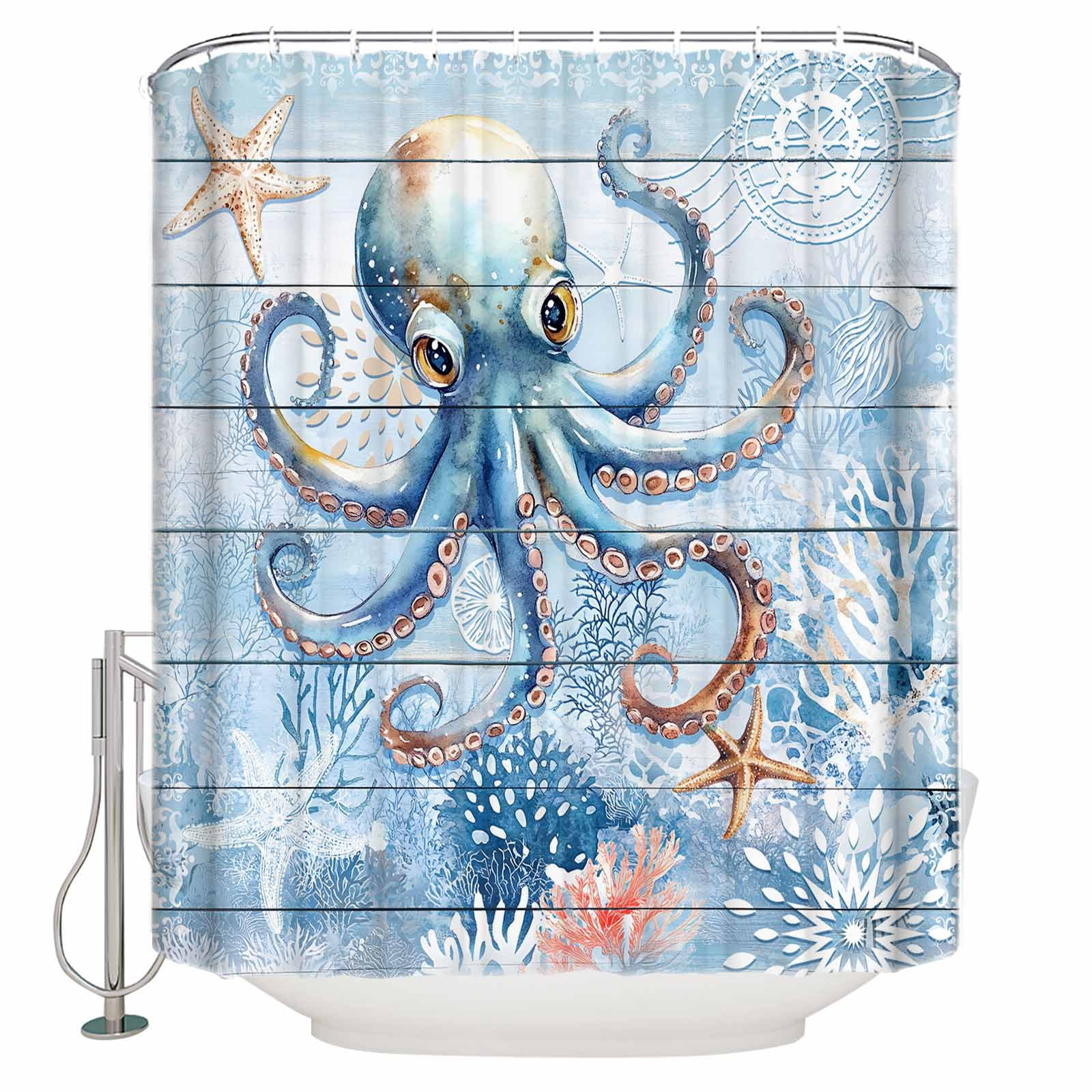 Coastal Octopus Bathroom Shower Curtains with 12 Hooks Polyester ...