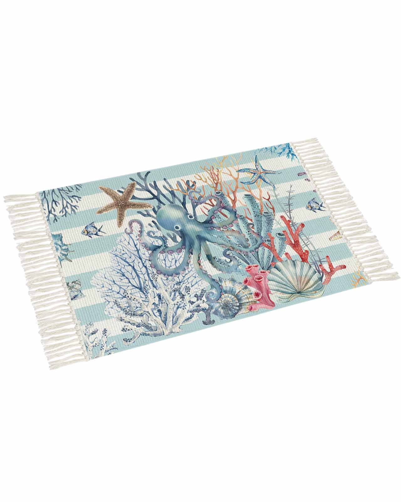 Coastal Octopus Bedroom Rug 4'x6',Washable Woven Cotton Area Rug with ...