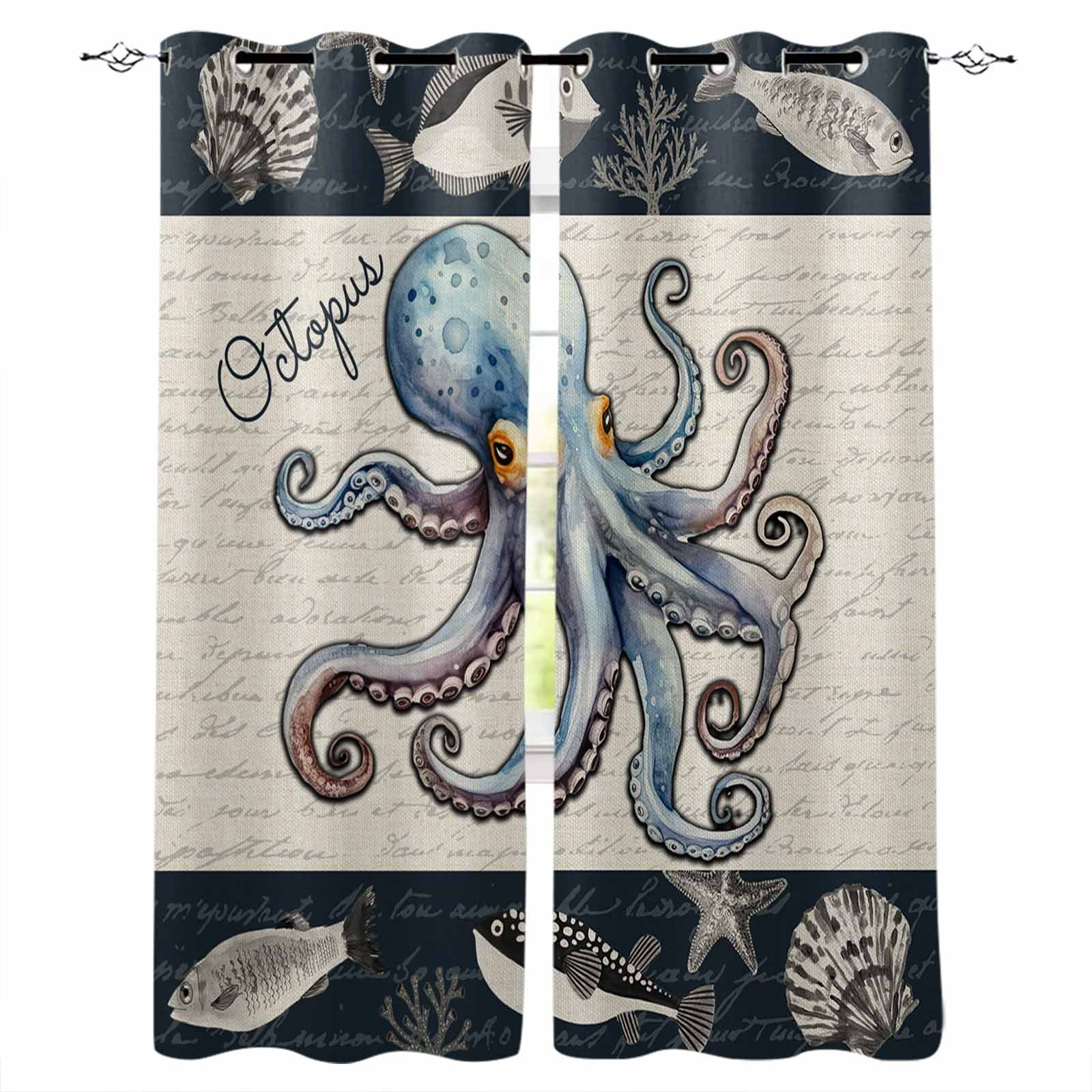 Coastal Octopus Blackout Curtains 63 Inches Long, Nautical Ocean Beach ...