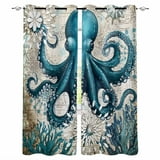Coastal Octopus Blackout Curtains 96 Inches Long, Vintage Beach Teal ...