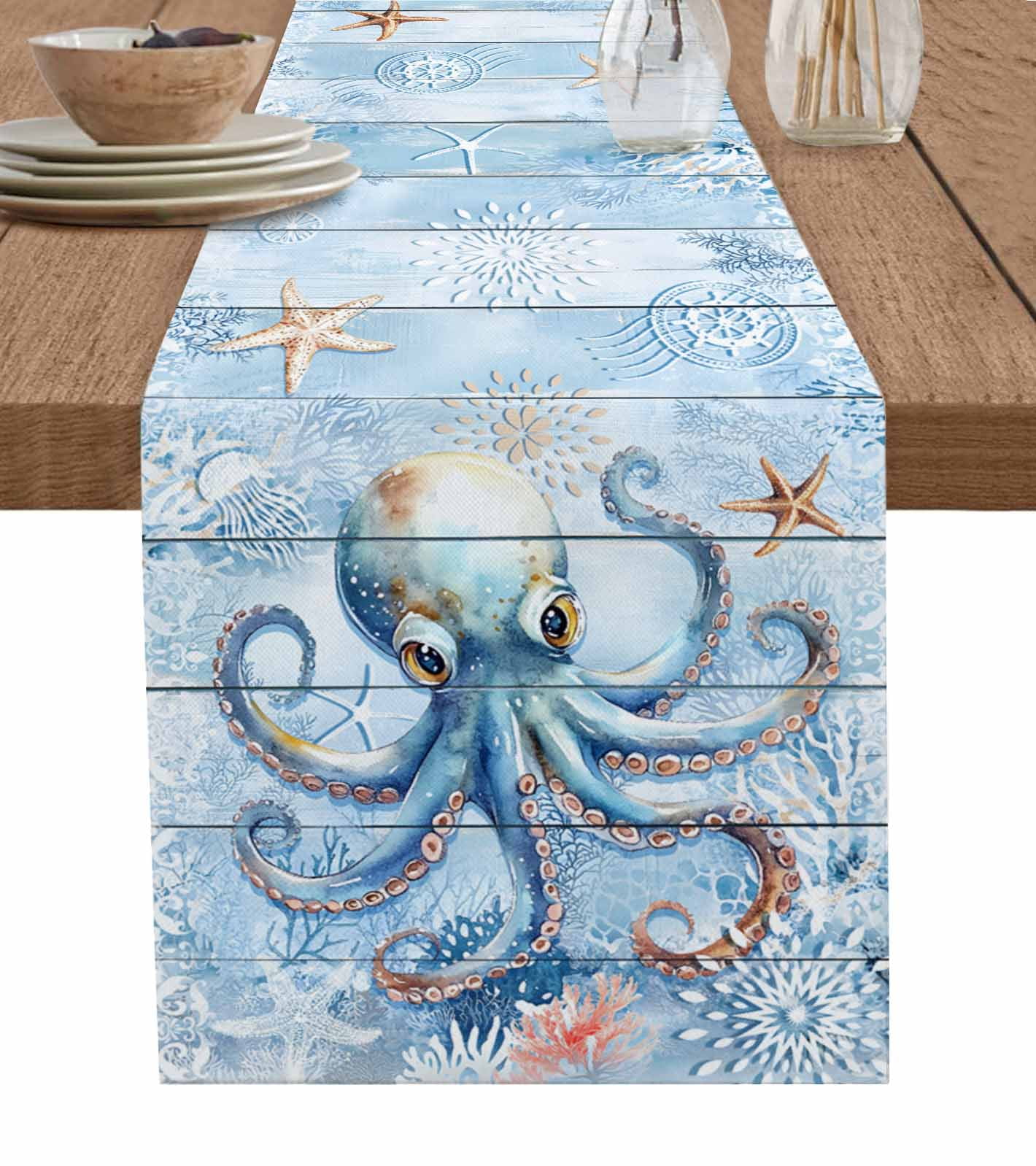 Coastal Octopus Burlap Cotton Table Runner 13x70 Inches Long, Nautical ...