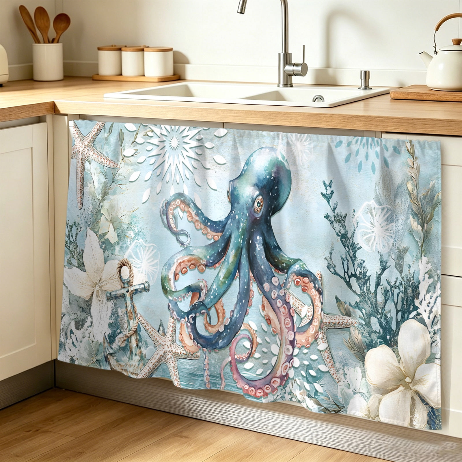 Coastal Octopus Cabinet Curtains for Shelves, Summer Beach Vintage ...