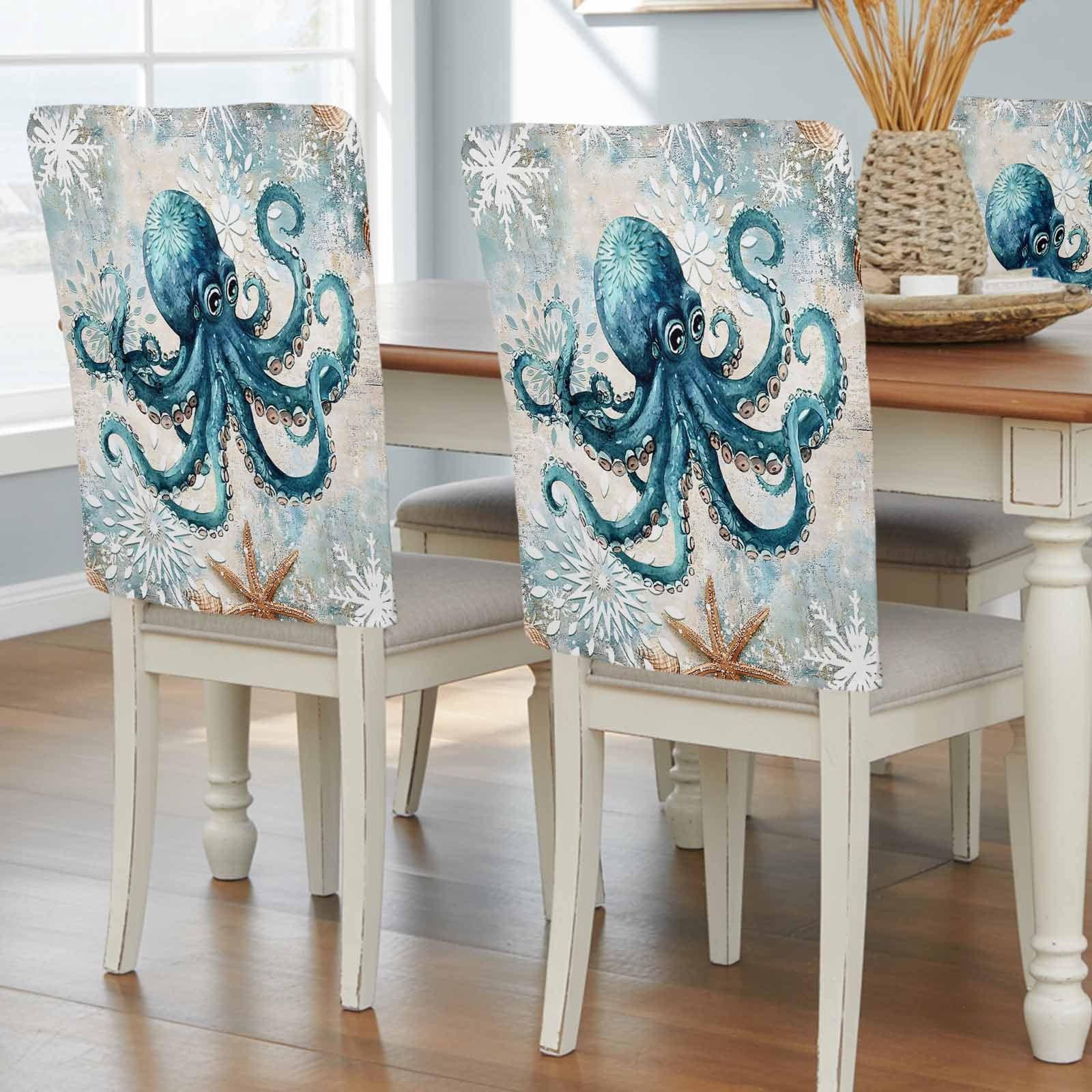 Coastal Octopus Chair Back Covers, Nautical Botanical Starfish ...