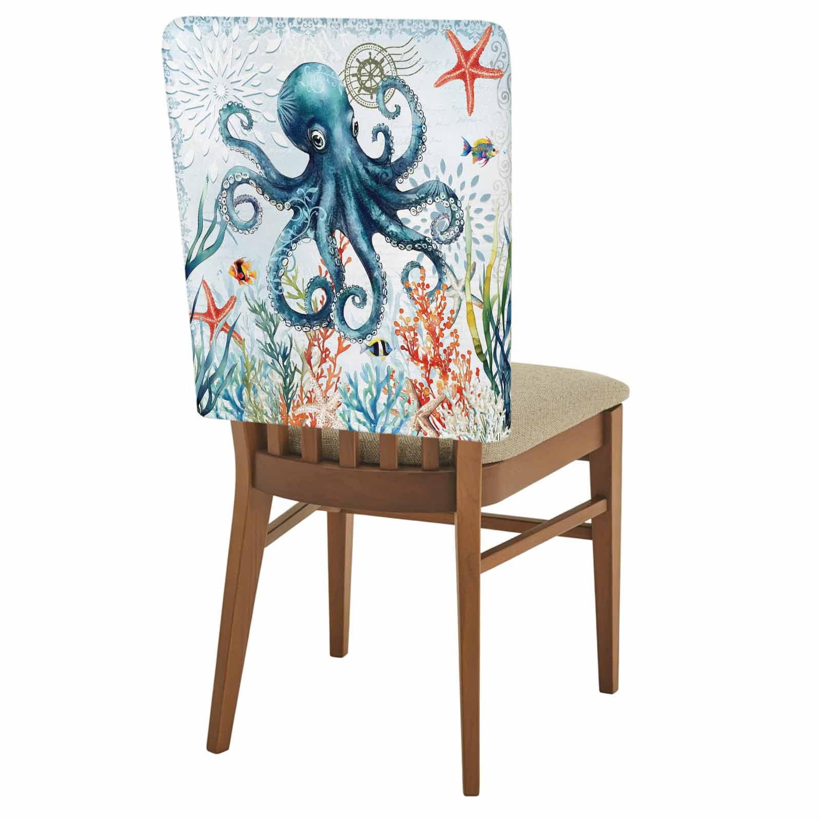 Coastal Octopus Chair Covers Set of 4 Ocean Coral Seaweed Chair Back ...