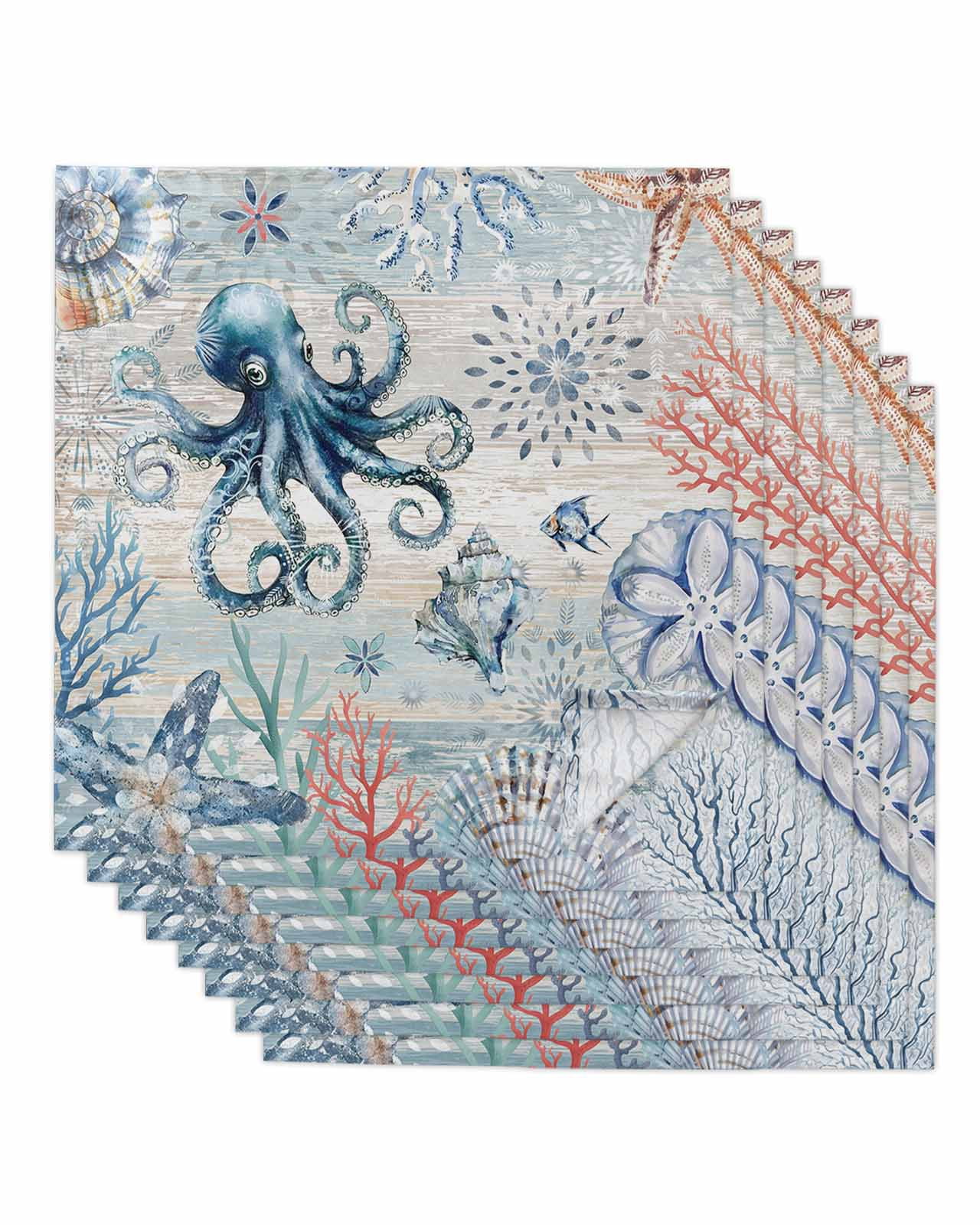 Coastal Octopus Cloth Napkins Set of 8 Reusable Dinner Napkins, Ocean ...