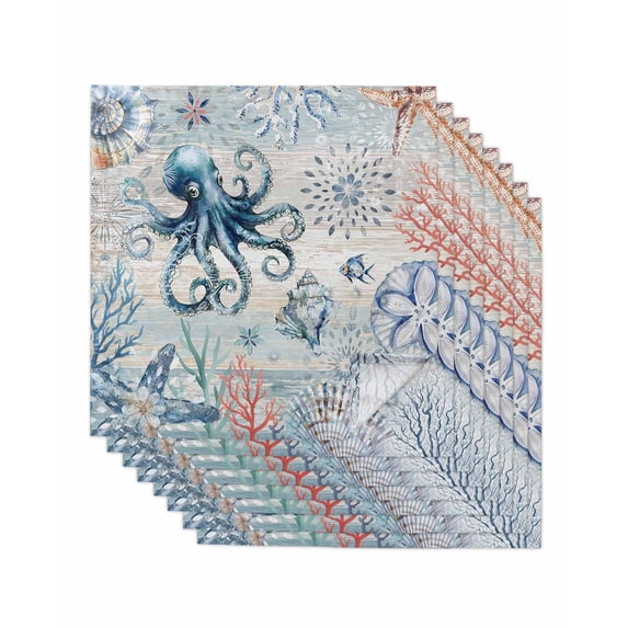 Coastal Octopus Cloth Napkins Set of 8 Reusable Dinner Napkins, Ocean ...