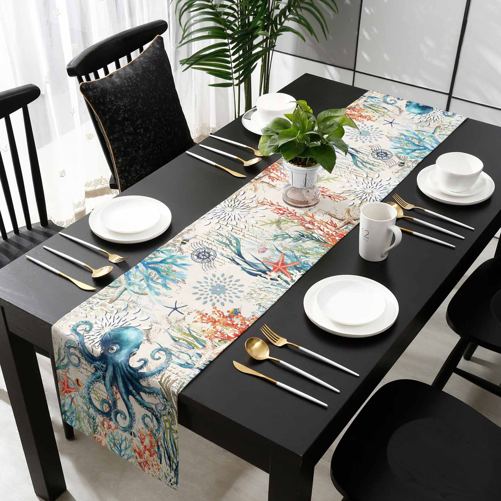 Coastal Octopus Cotton Linen Small Table Runner 13 x 60 inch Summer ...