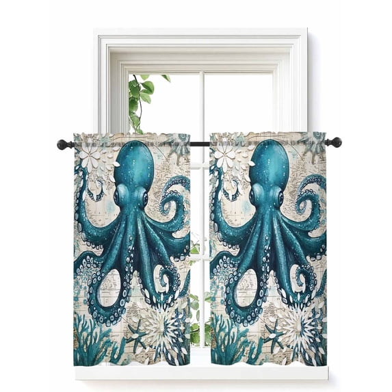 Coastal Octopus Curtains 54 Inch Length, Sheer Curtains for Bedroom ...