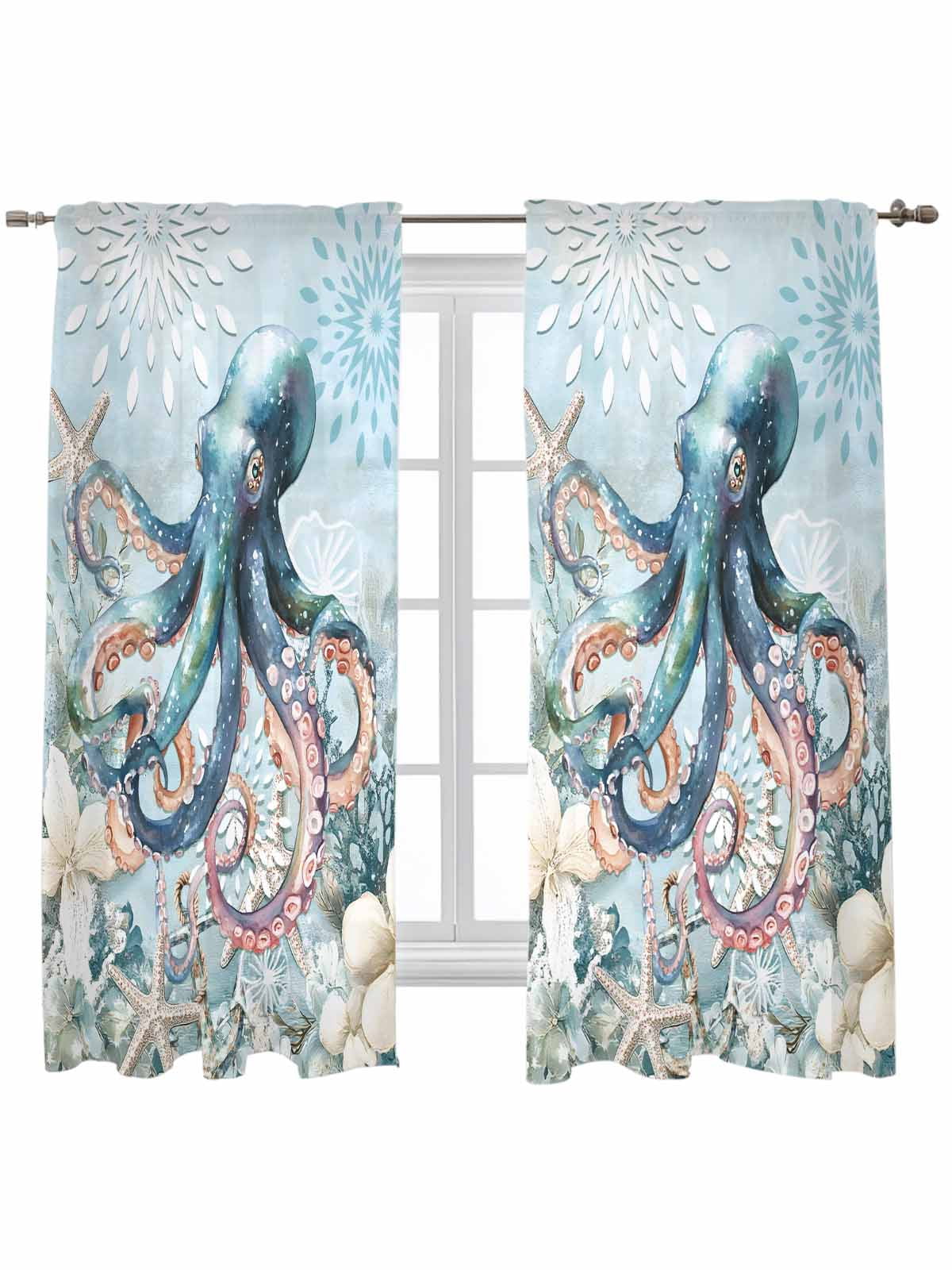 Coastal Octopus Curtains 72 Inch Length, Sheer Curtains for Bedroom ...