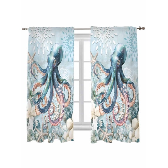 Coastal Octopus Curtains 72 Inch Length, Sheer Curtains for Bedroom ...