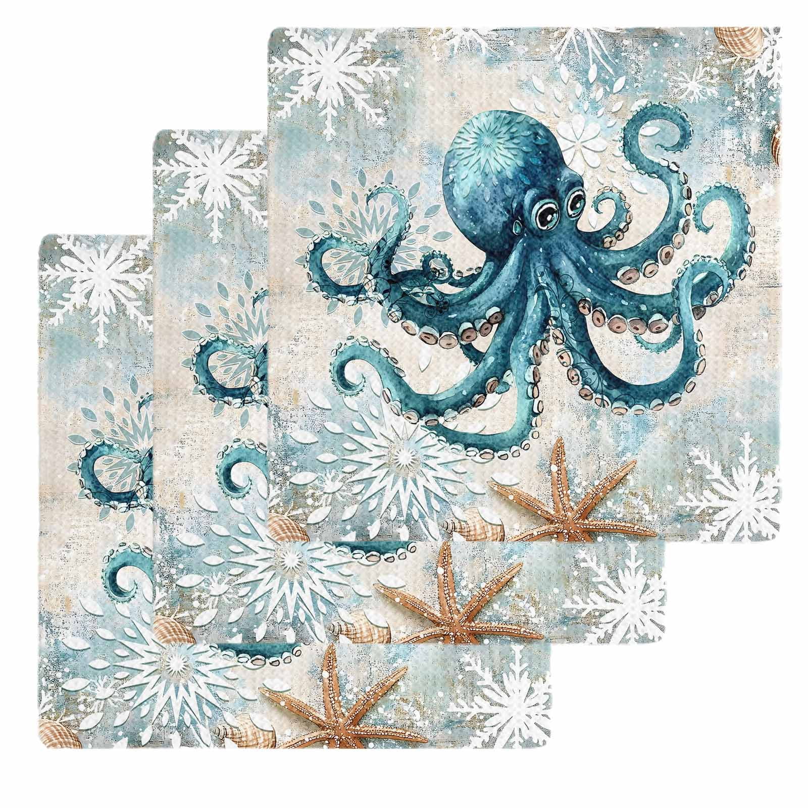 Coastal Octopus Dish Towels Set, Waffle Weave Kitchen Towels 3 Pieces ...