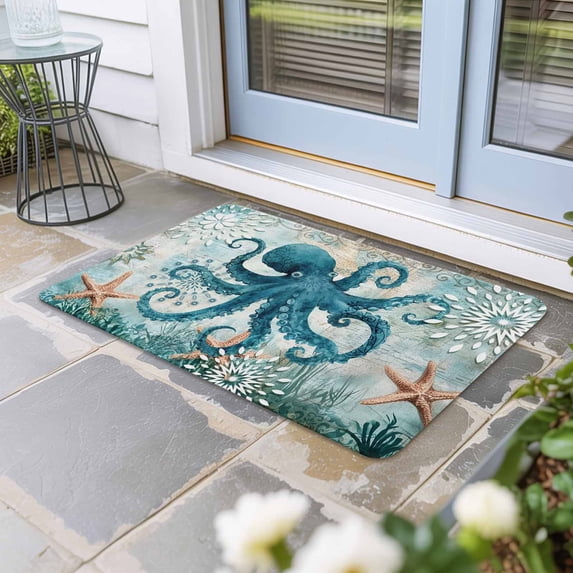 Coastal Octopus Door Mat Indoor Outdoor, Teal Nautical Beach Starfish ...