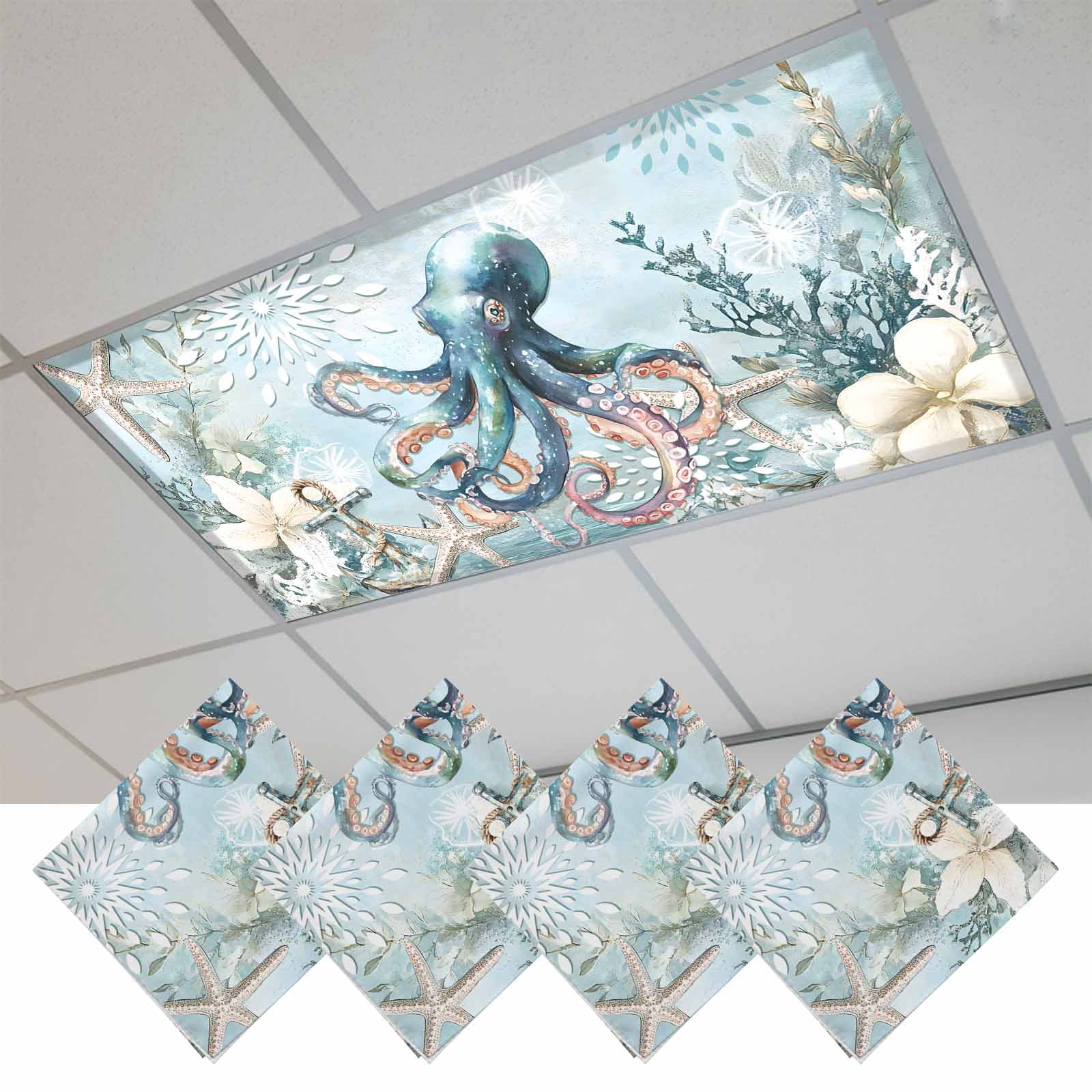 Coastal Octopus Fluorescent Light Covers, Summer Beach Vintage Ocean ...