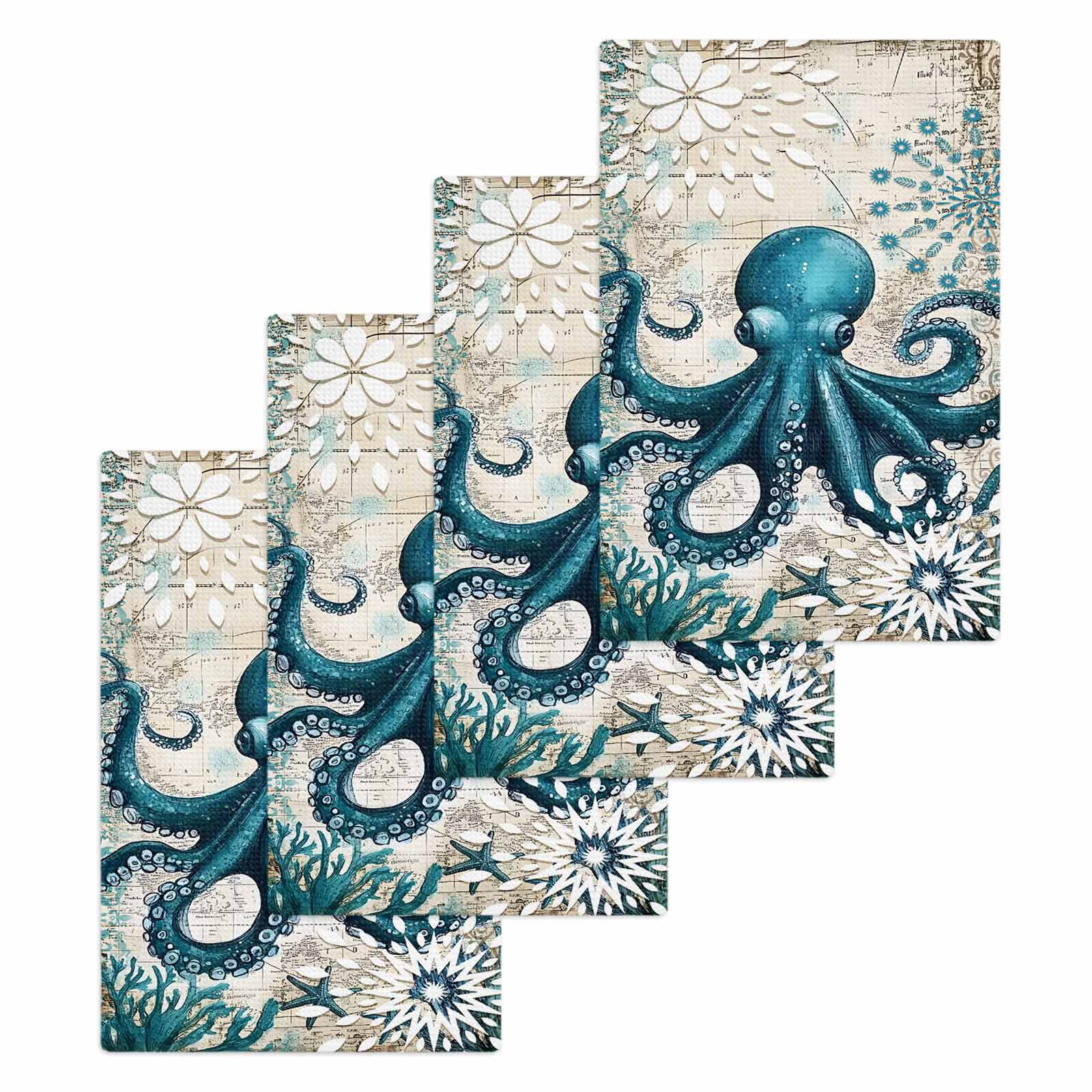 Coastal Octopus Hand Towels Set, Waffle Weave Kitchen Towels 4 Pieces ...