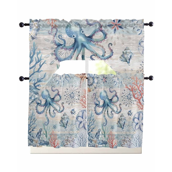 Coastal Octopus Kitchen Curtain and Valance Set 3 Pieces,Rod Pocket ...