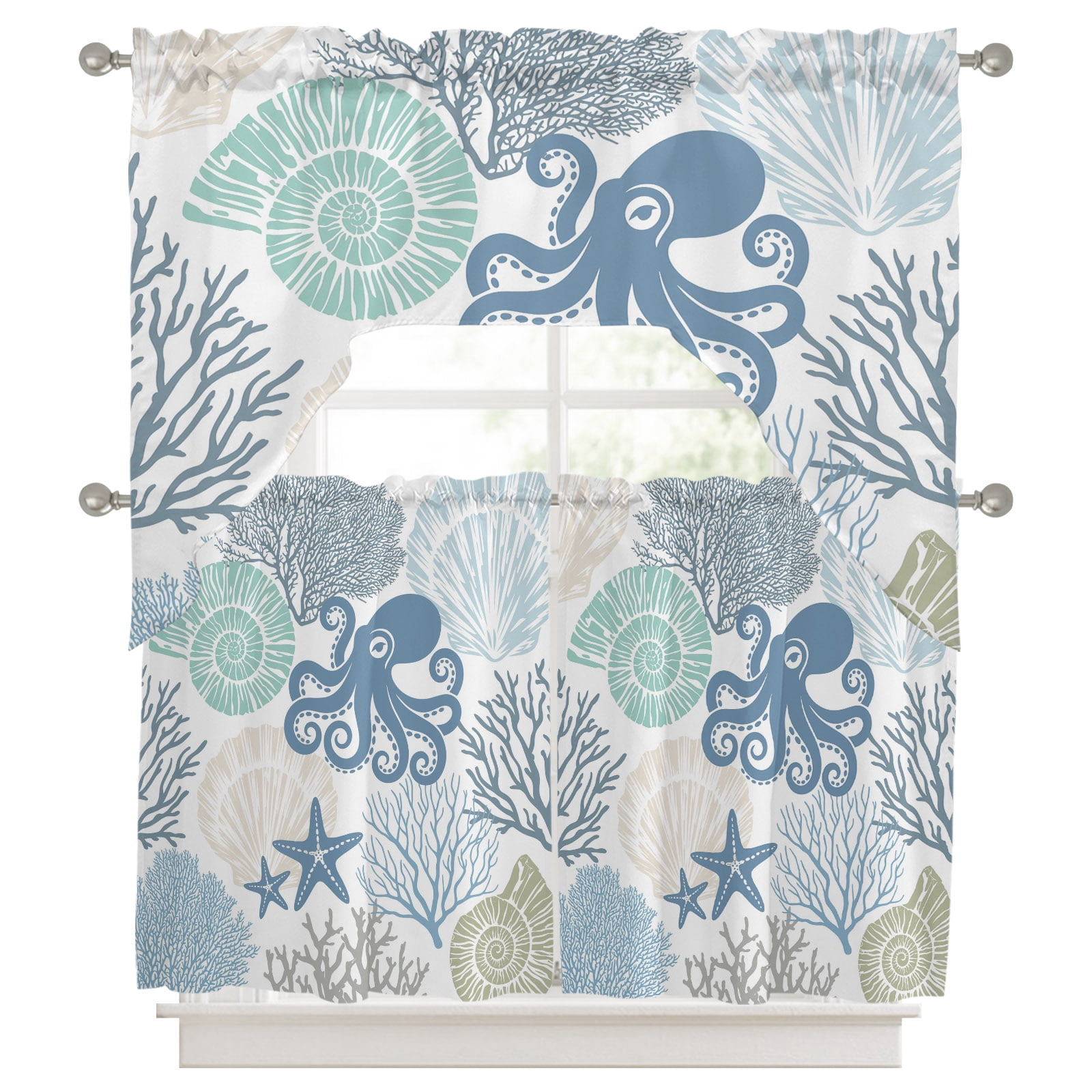 Coastal Octopus Kitchen Curtains Swag Valance and Tier Curtains Set 24 ...