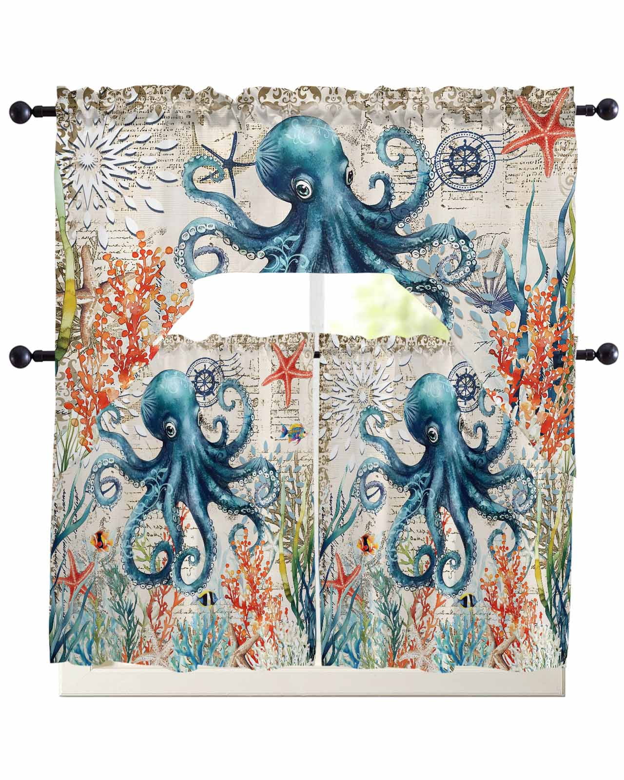Coastal Octopus Kitchen Curtains Swag Valance and Tier Curtains Set 24 ...