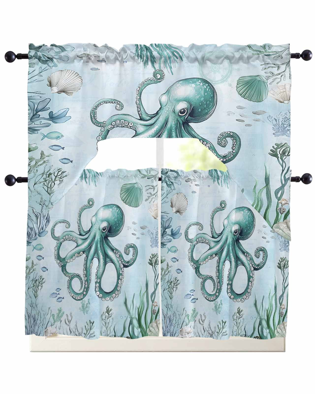 Coastal Octopus Kitchen Curtains Swag Valance and Tier Curtains Set 36 ...
