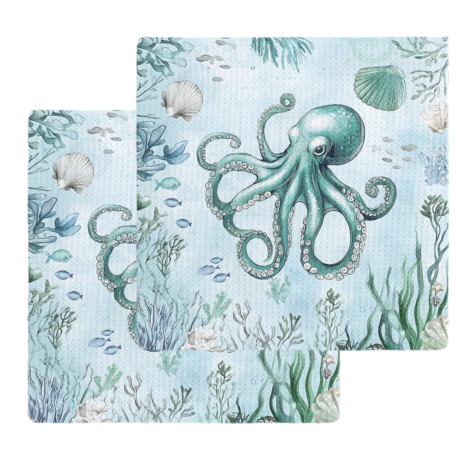 Coastal Octopus Kitchen Dish Towels for Drying Dishes Set of 2, Cyan ...