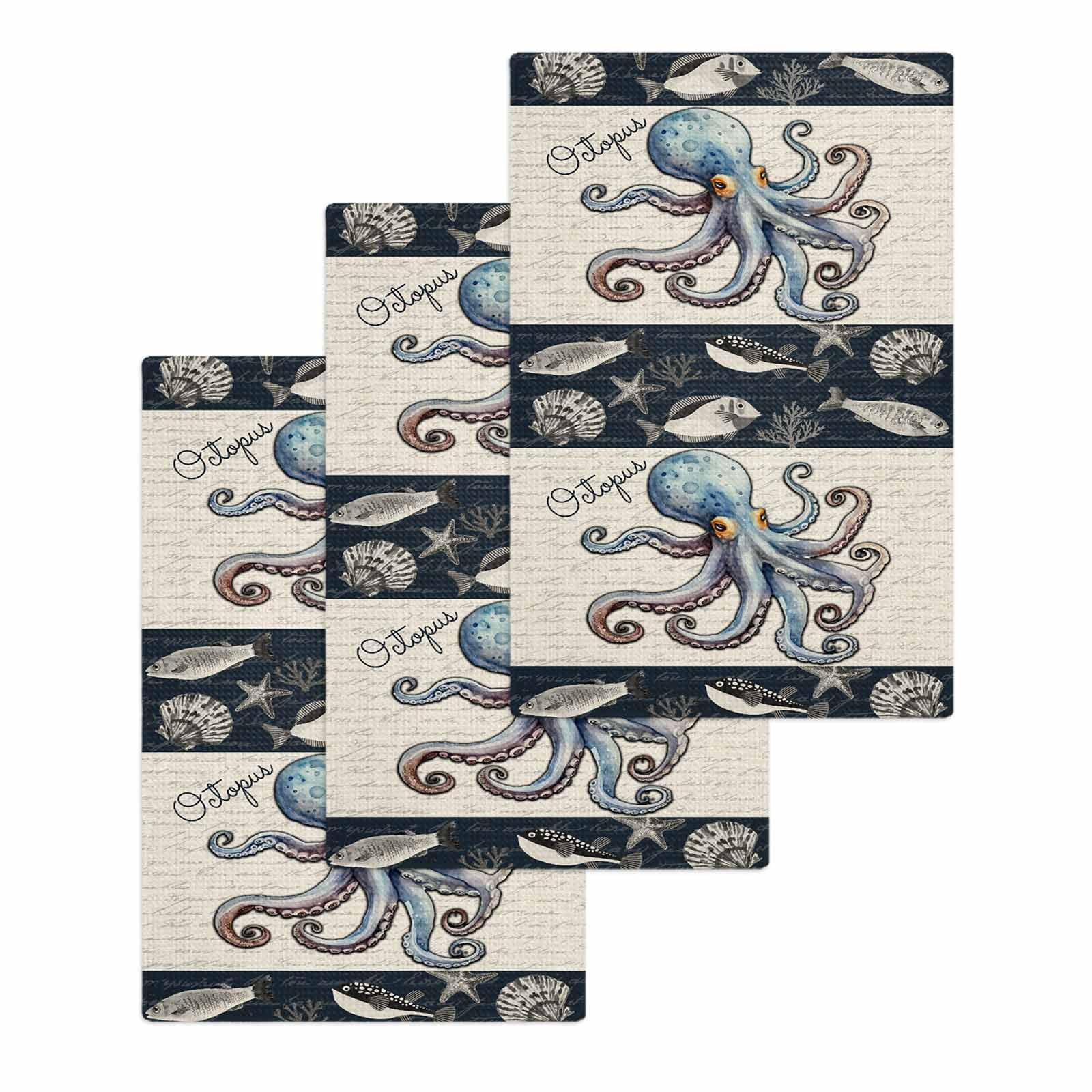 Coastal Octopus Kitchen Dish Towels for Drying Dishes Set of 3 ...