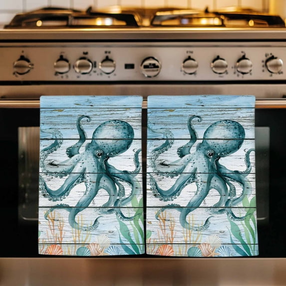 Coastal Octopus Kitchen Towels Set of 1, Nautical Starfish Seaweed ...