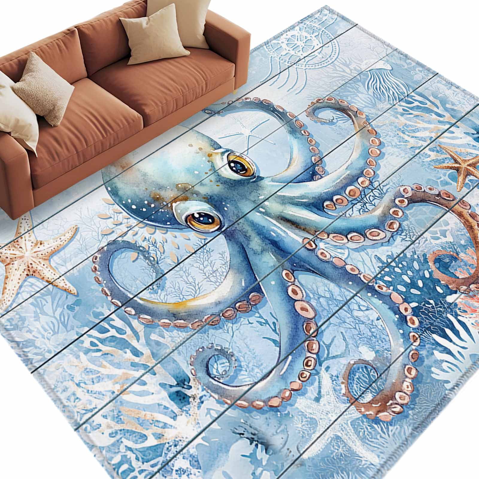 Coastal Octopus Large Area Rugs for Bedroom Living Room, Non Slip ...