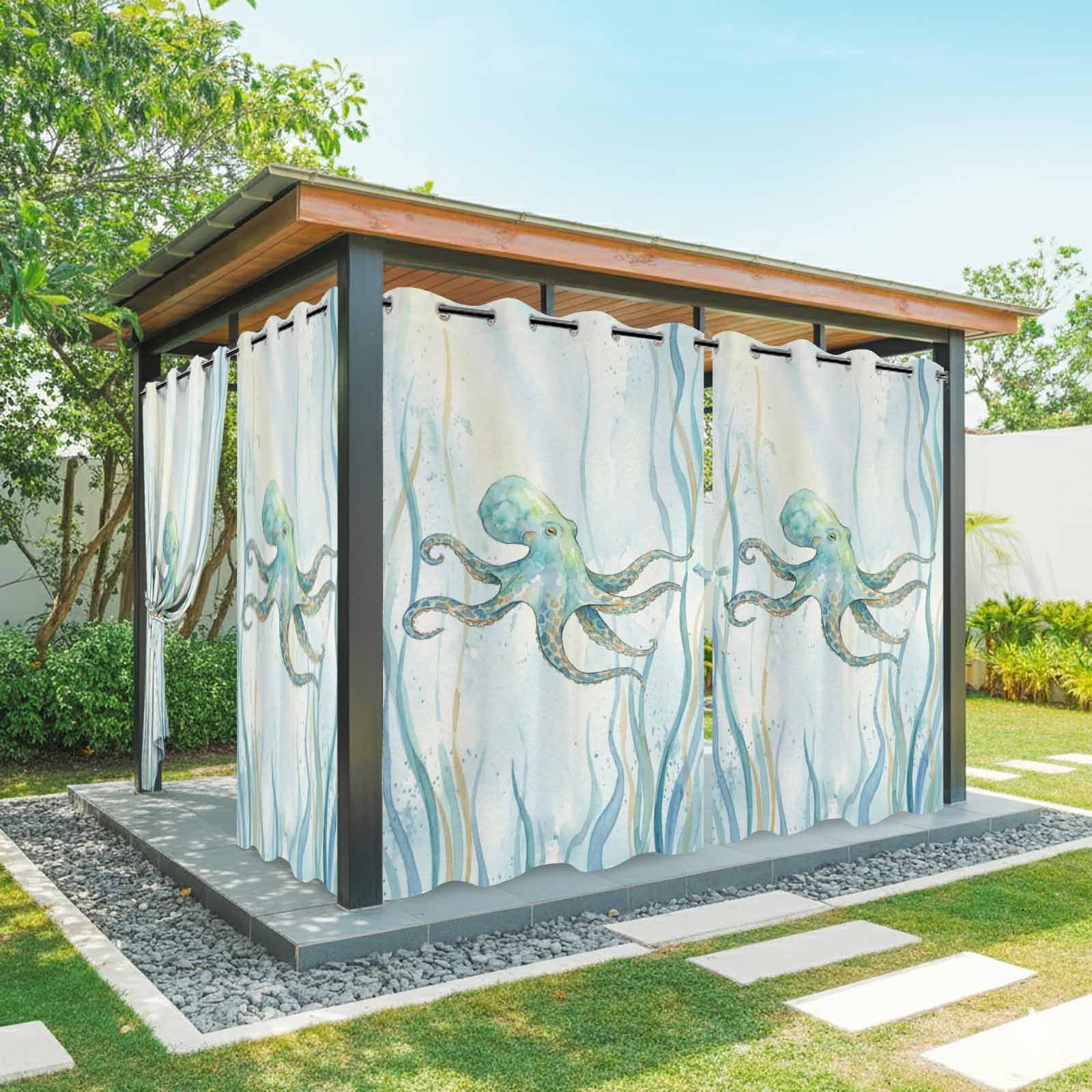 Coastal Octopus Outdoor Curtains for Patio Waterproof, Grommet Outdoor ...