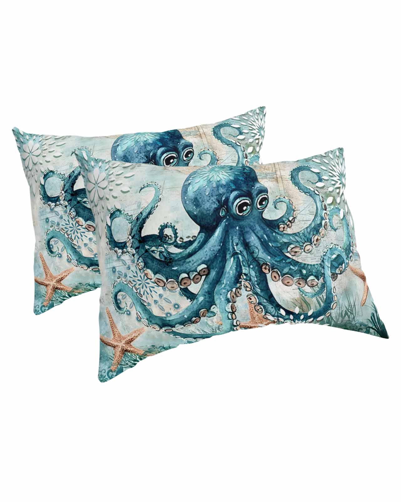 Coastal Octopus Pillow Covers King Size 2 Pack, Vintage Teal Nautical ...